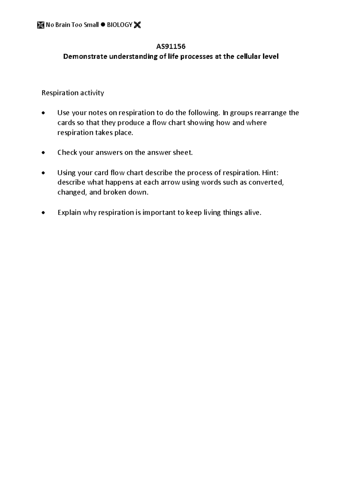Bio2 91156 Respiration Flow Chart & Importance of Processes - Studocu