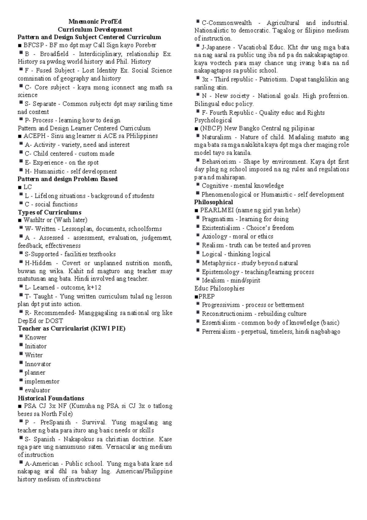Mnemonic ProfEd Curriculum Development Patterns and Design - Studocu
