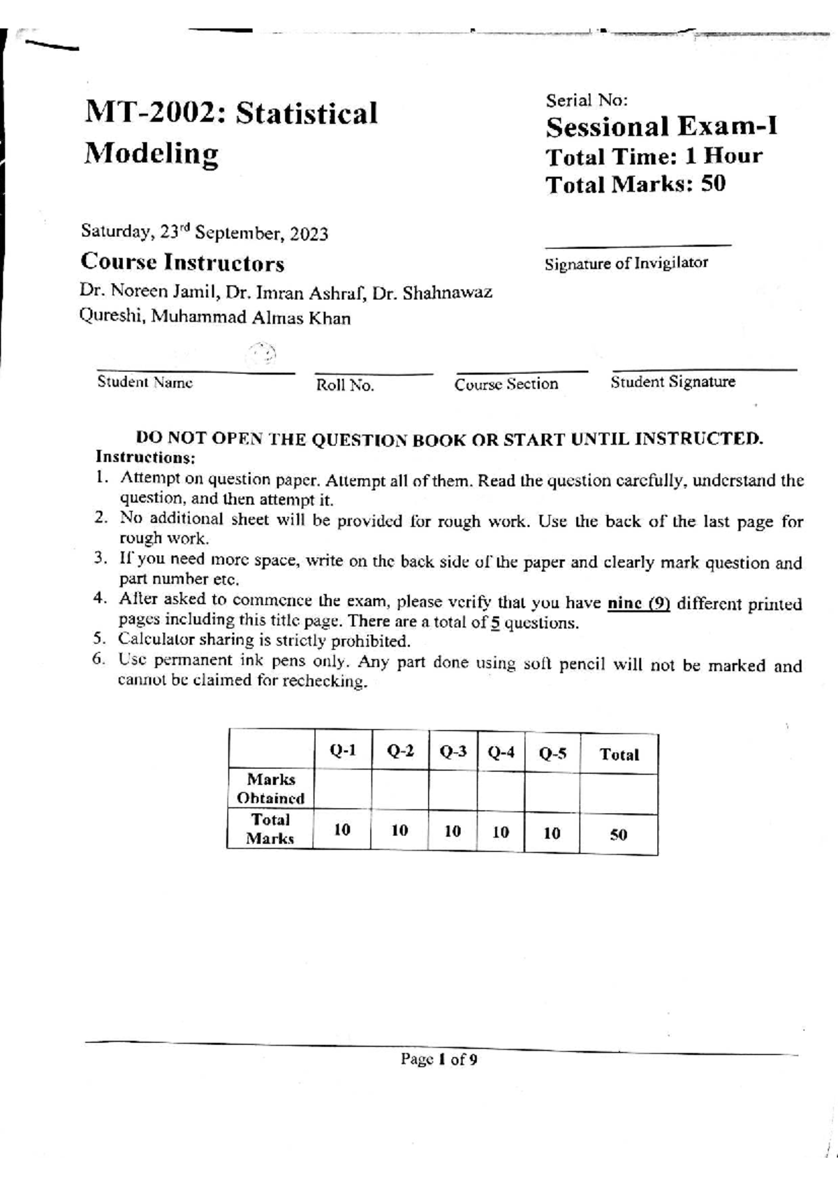 Statistical Modeling Sessional-I (Fall-2023) Exam Solutions - Studocu