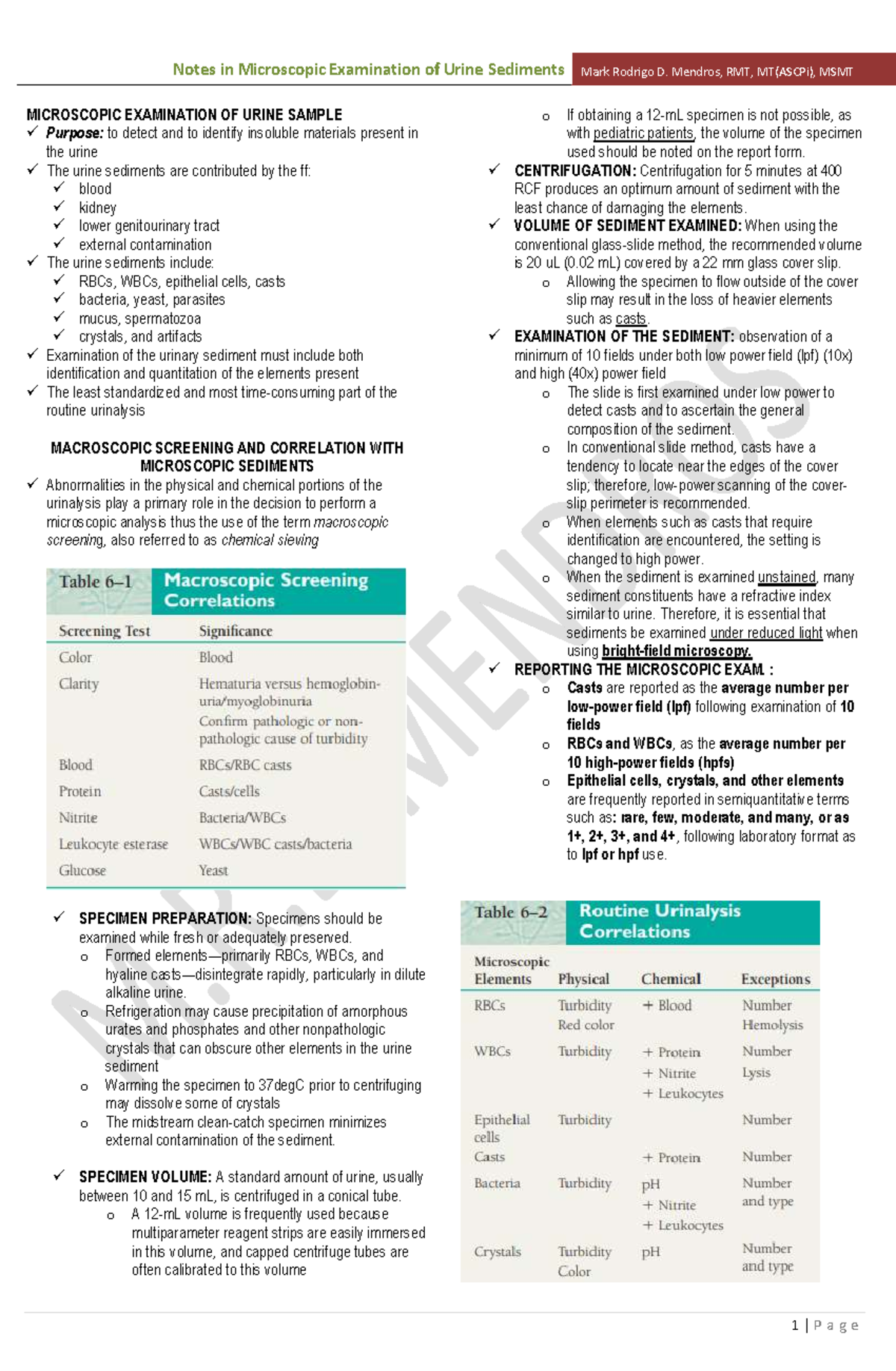 AUBF: Microscopic Examination of Urine Sediments Notes - Studocu