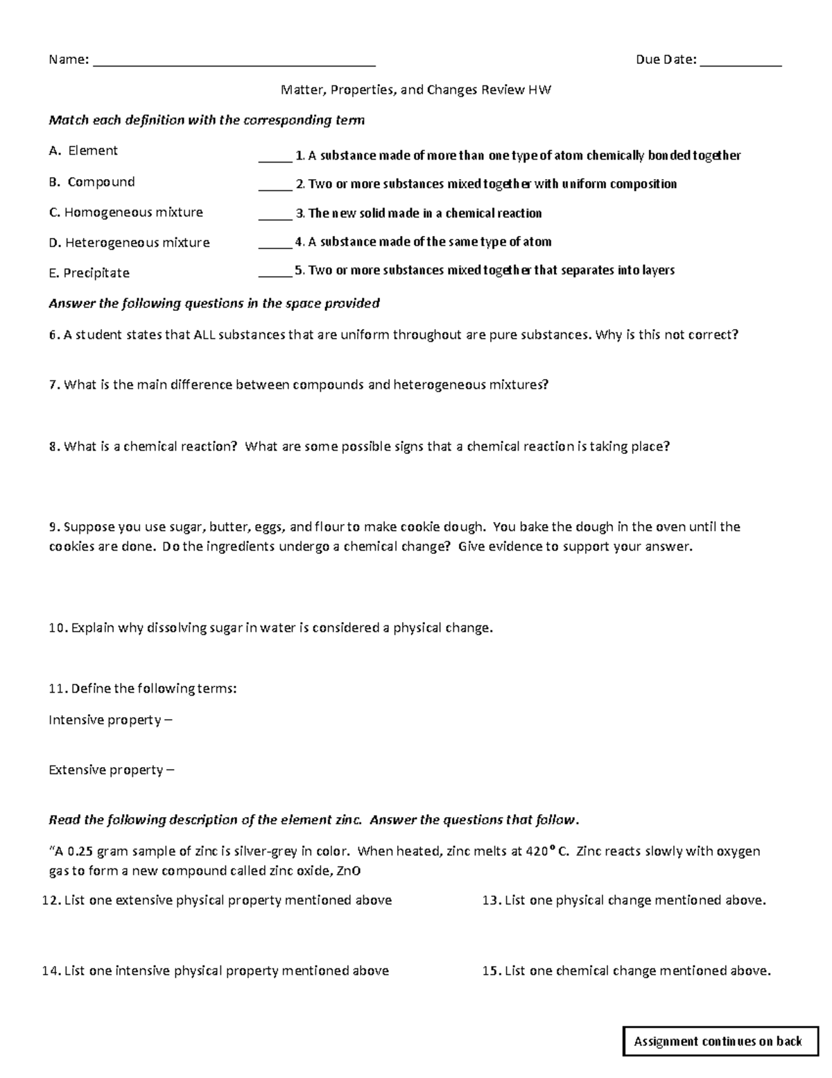Matter, Properties, and Changes Review HW (Course Code: SCI101) - Studocu