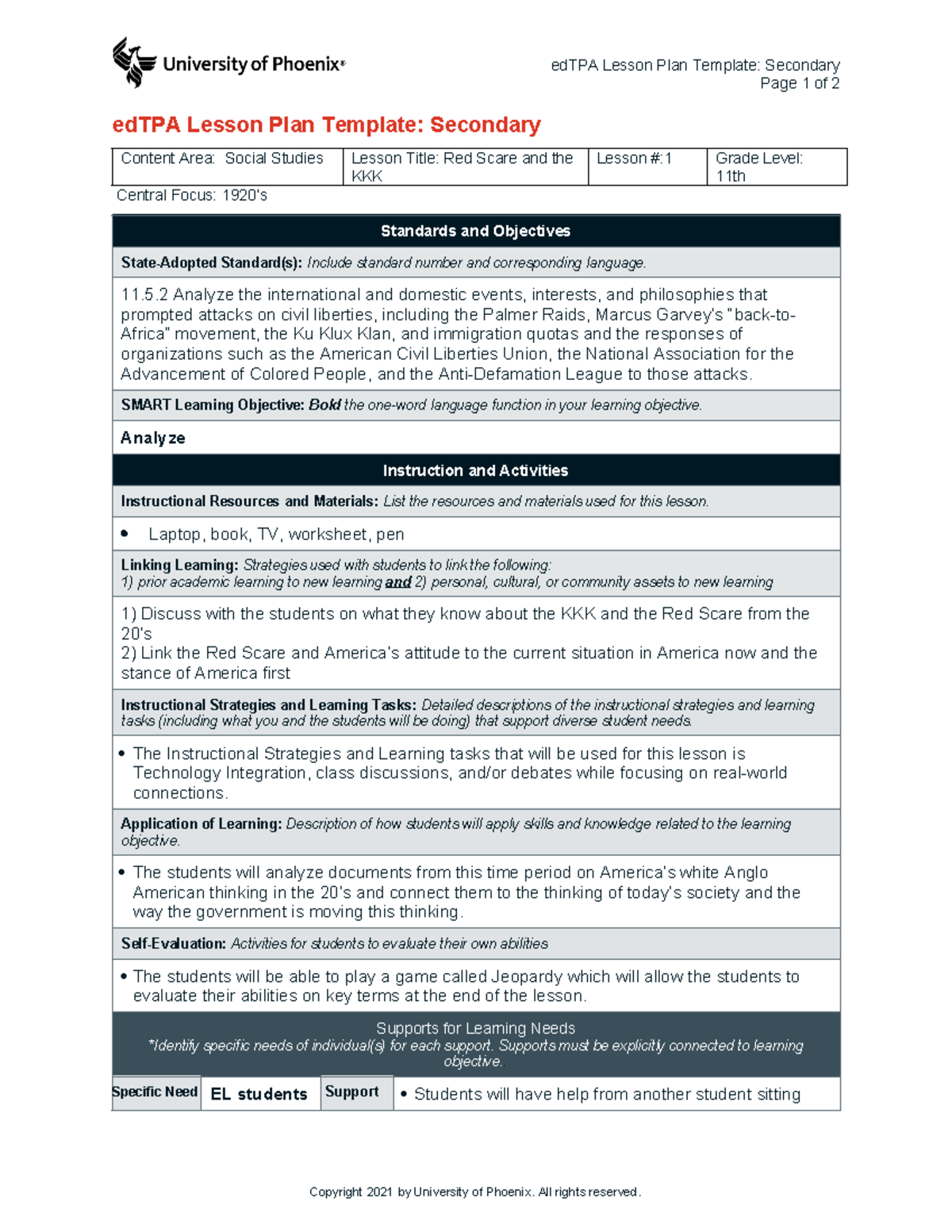 edTPA Lesson Plan Template: Secondary - Red Scare Analysis for 11th ...