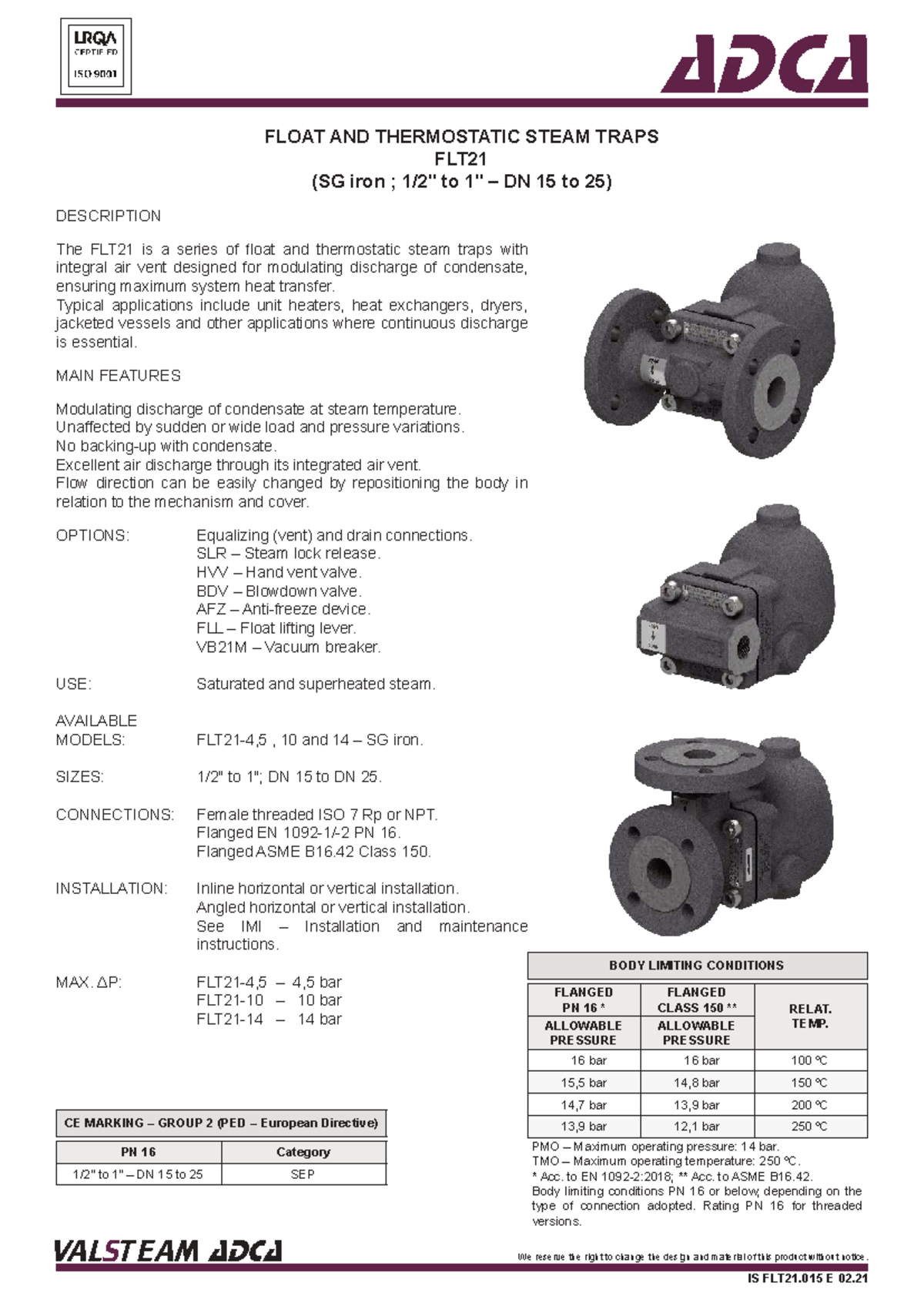 FLT21 ADCA Float and Thermostatic Steam Traps Overview - Studocu