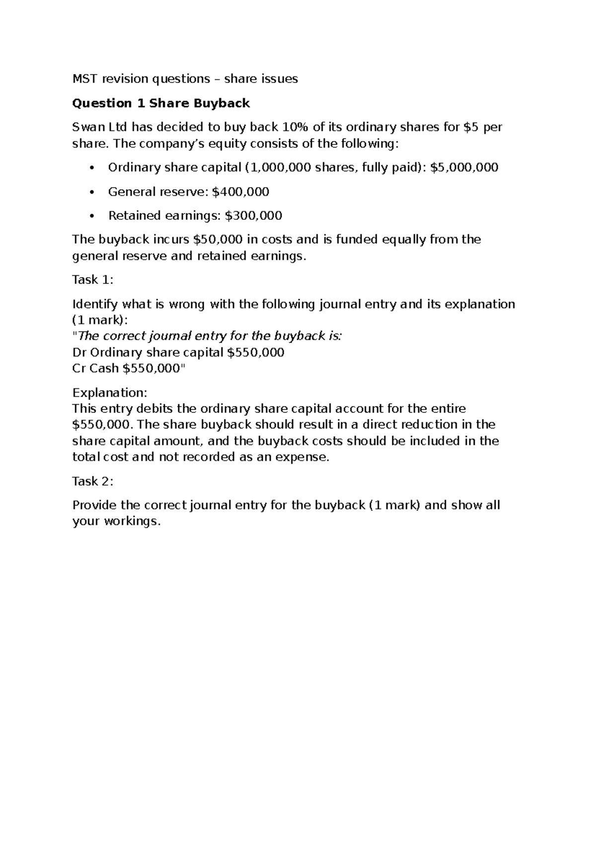 MST Revision Questions - Share Buyback Issues and Journal Entries - Studocu