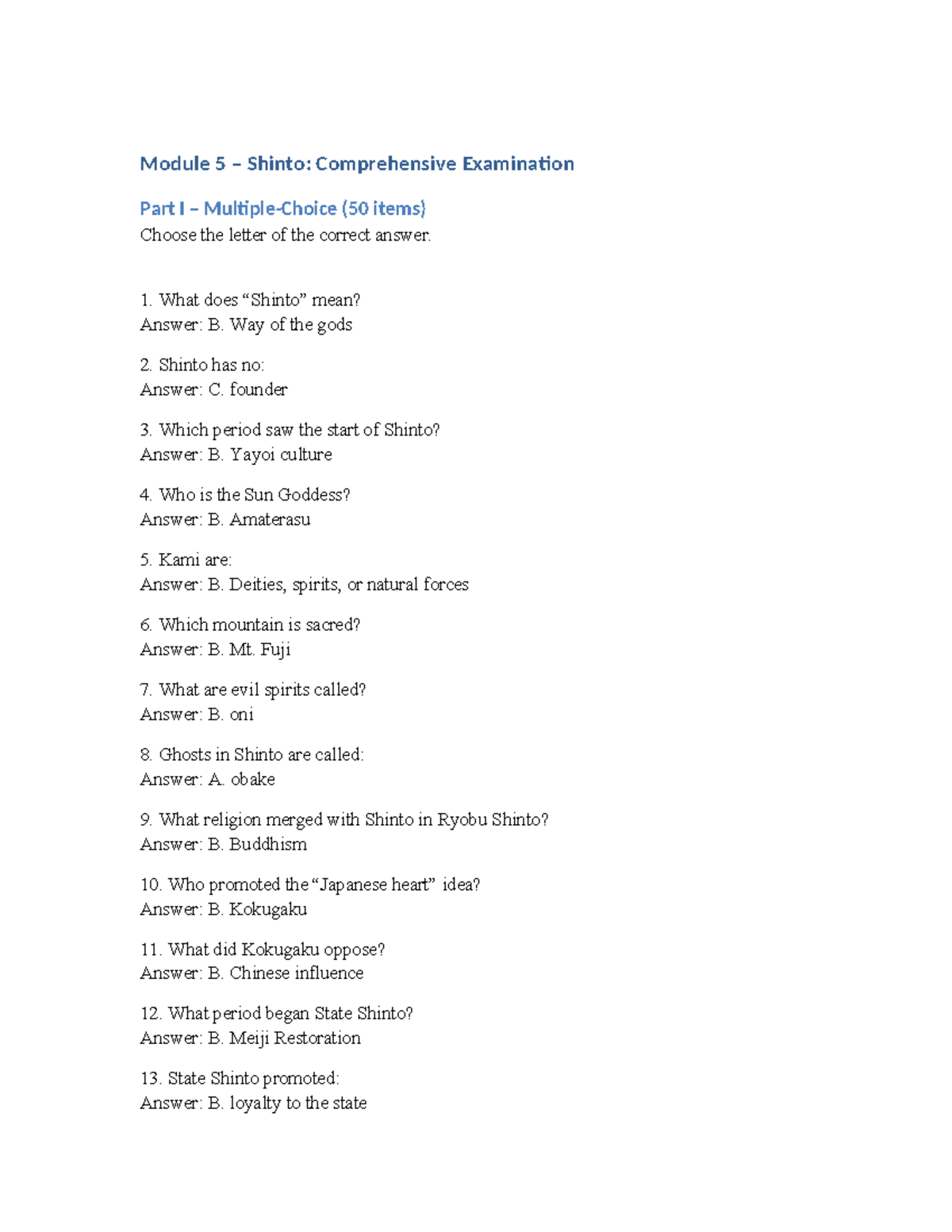 Shinto Module 5: Comprehensive Exam Part I & II (50 Items) - Studocu