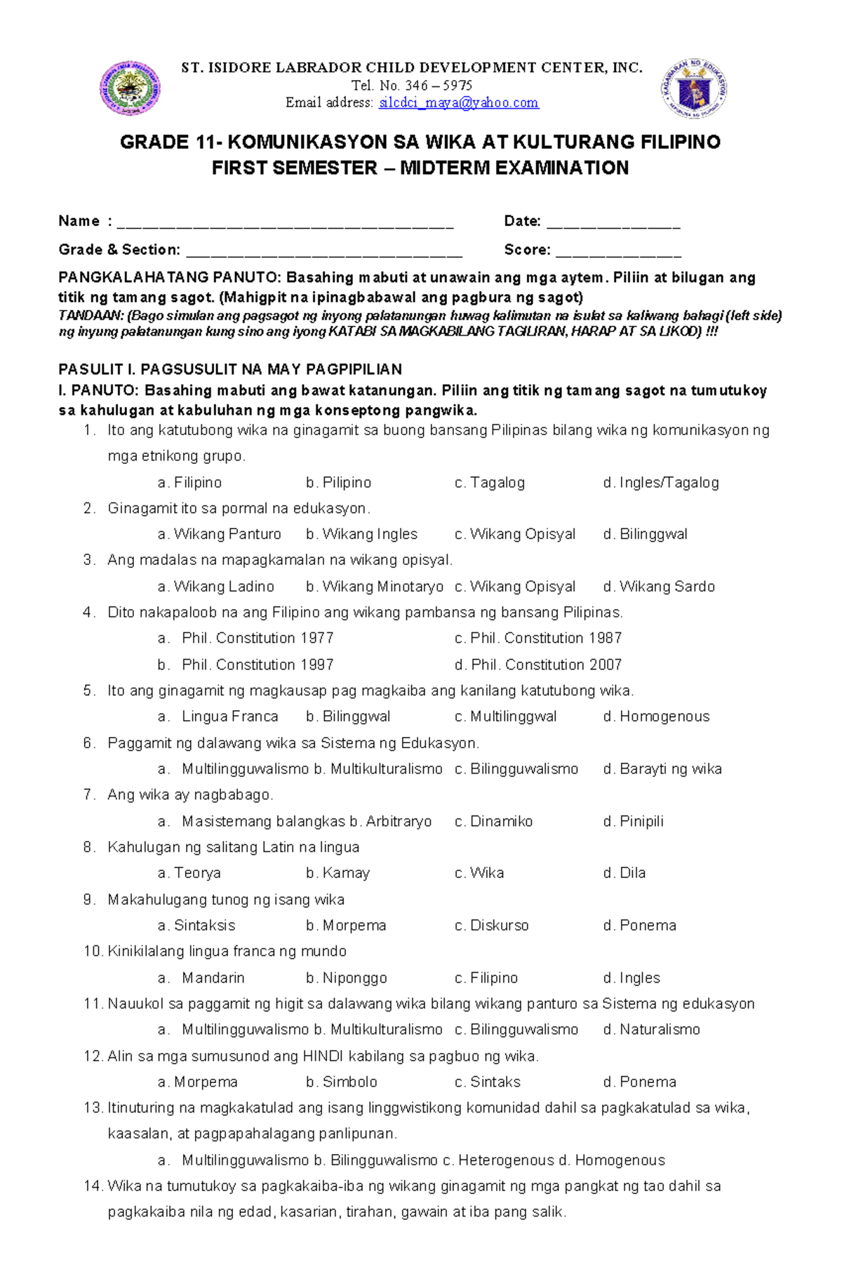 K11-KOMUNIKASYON SA WIKA AT KULTURANG FILIPINO - Midterm Exam Test ...