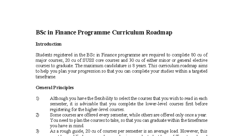 FIN-MAJ1 Curriculum Roadmap for BSc in Finance (JUL 2024) - Studocu
