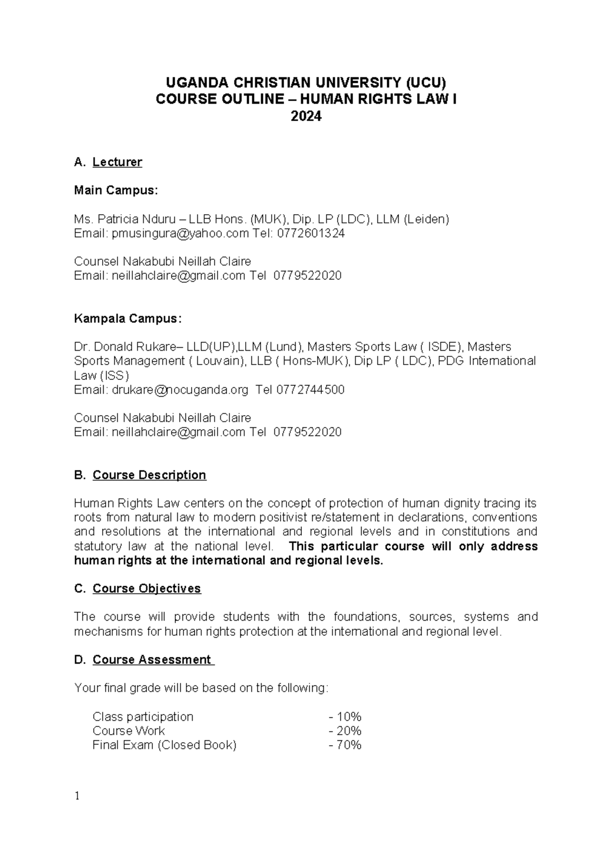UCU Human Rights Law I Course Outline - 2024 Overview and Assessment ...