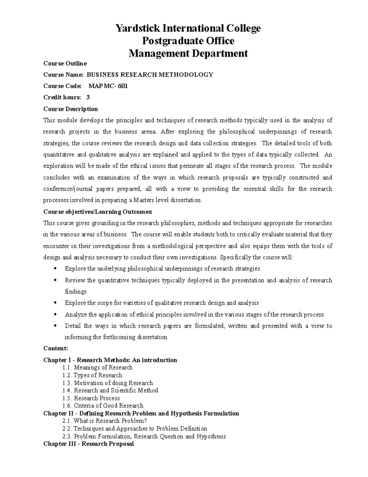 BUSINESS RESEARCH METHODOLOGY Course Outline - MAPMC-601 - Studocu