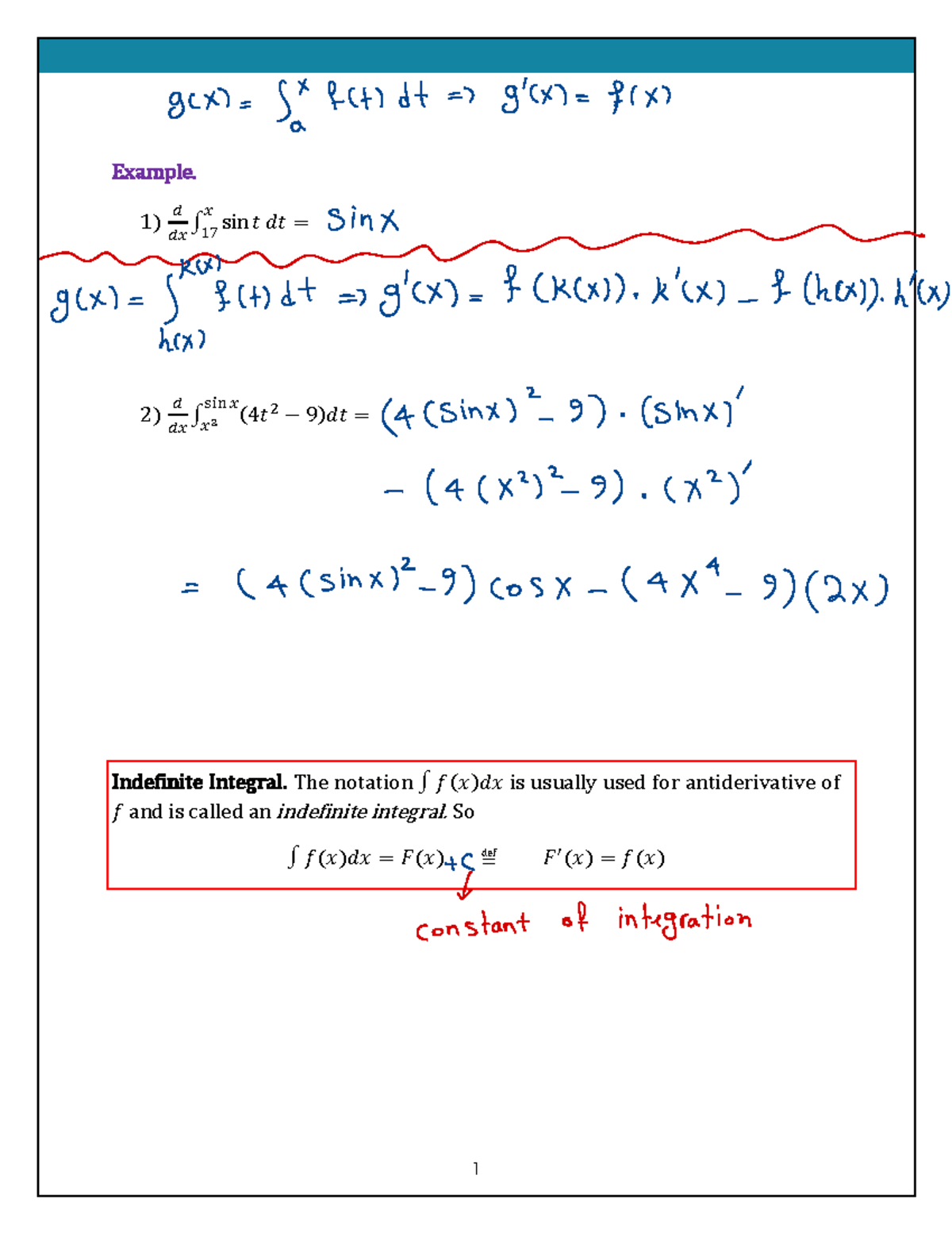 Lecture 2: Indefinite Integrals and Examples in Calculus - Studocu