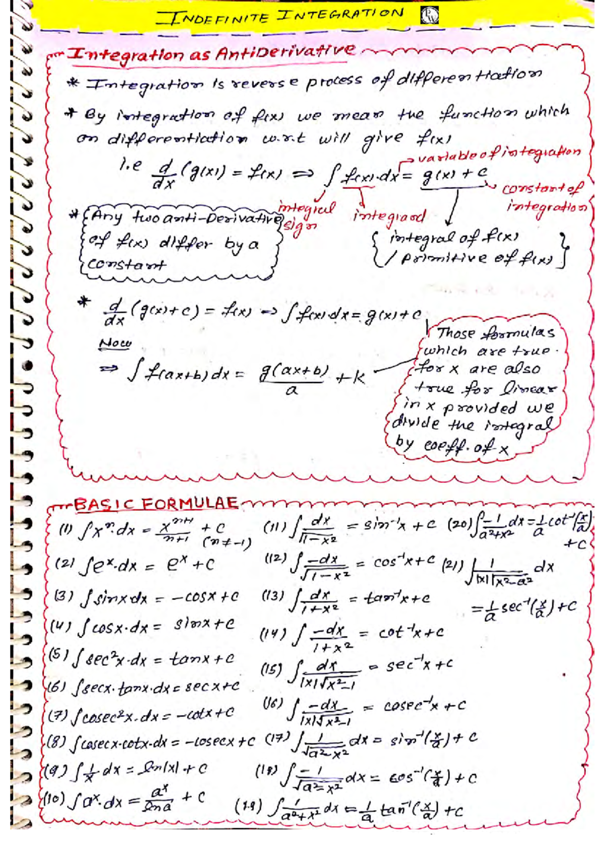 Indefinite Integration Handwritten Notes F Integration Techniques