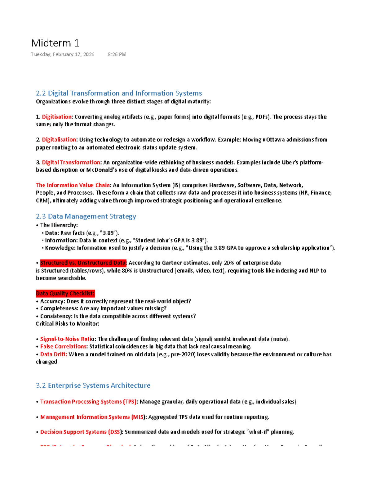 Midterm 1 Notes: Digital Transformation & Information Systems - Studocu