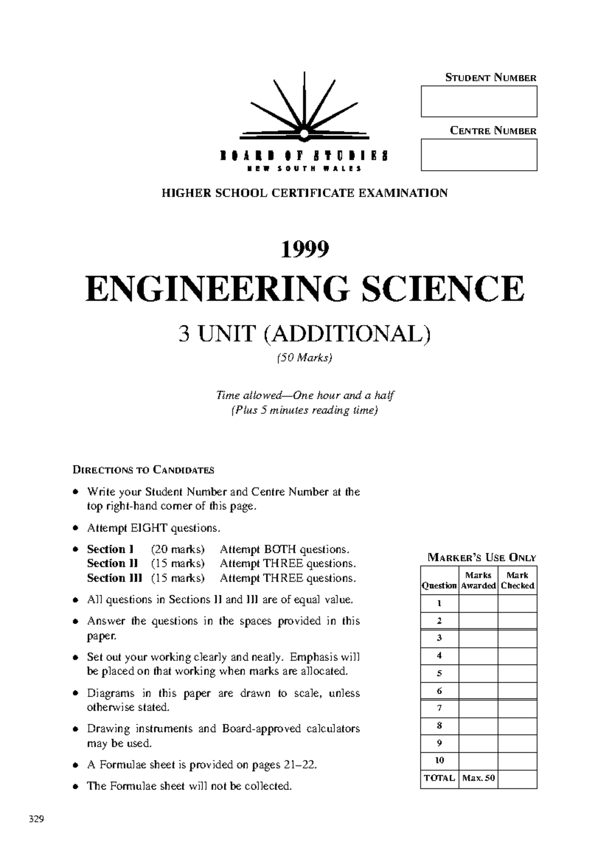 99ENSC3U Higher School Certificate Engineering Science Exam (50 Marks ...