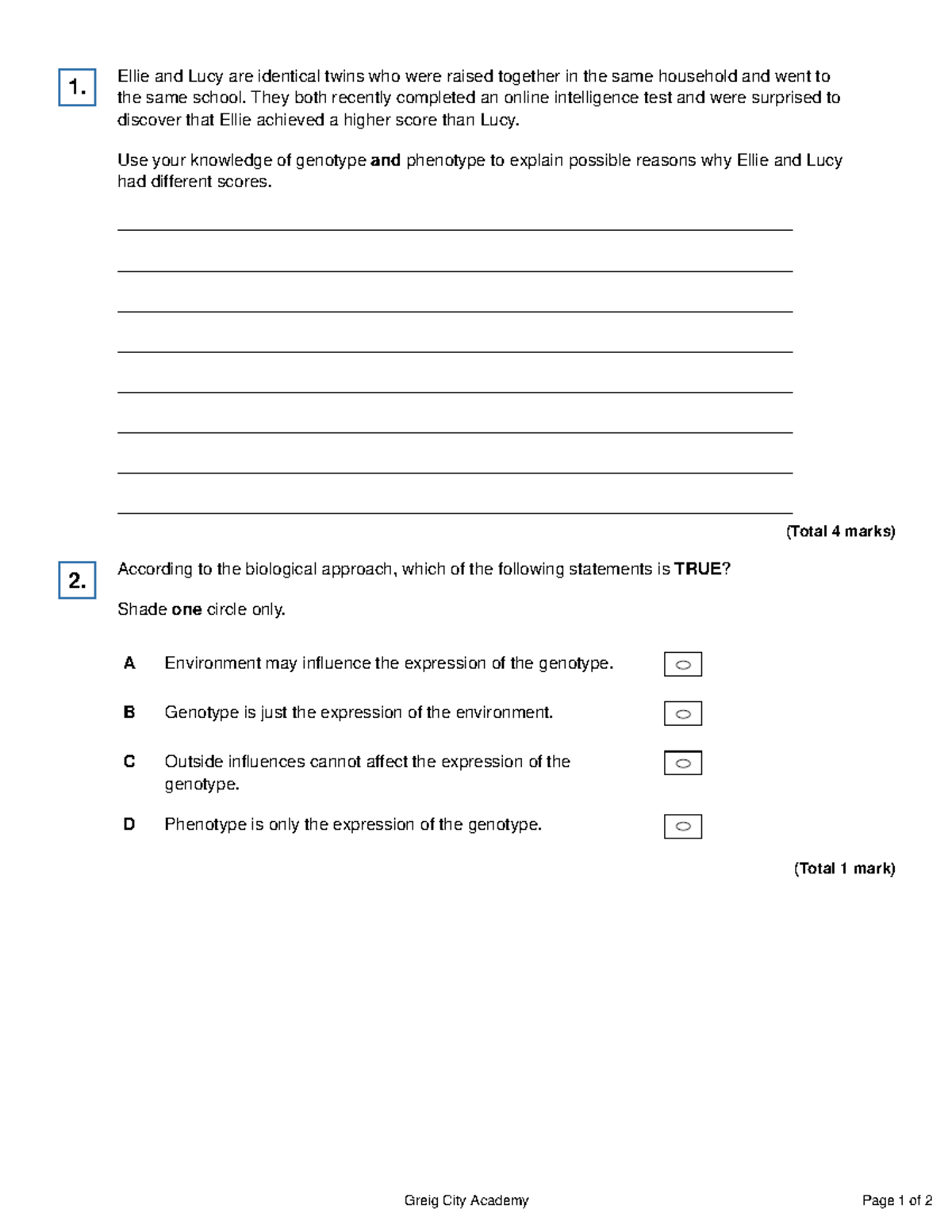 Biological Approach BA101 Final Exam Questions and Answers - Studocu