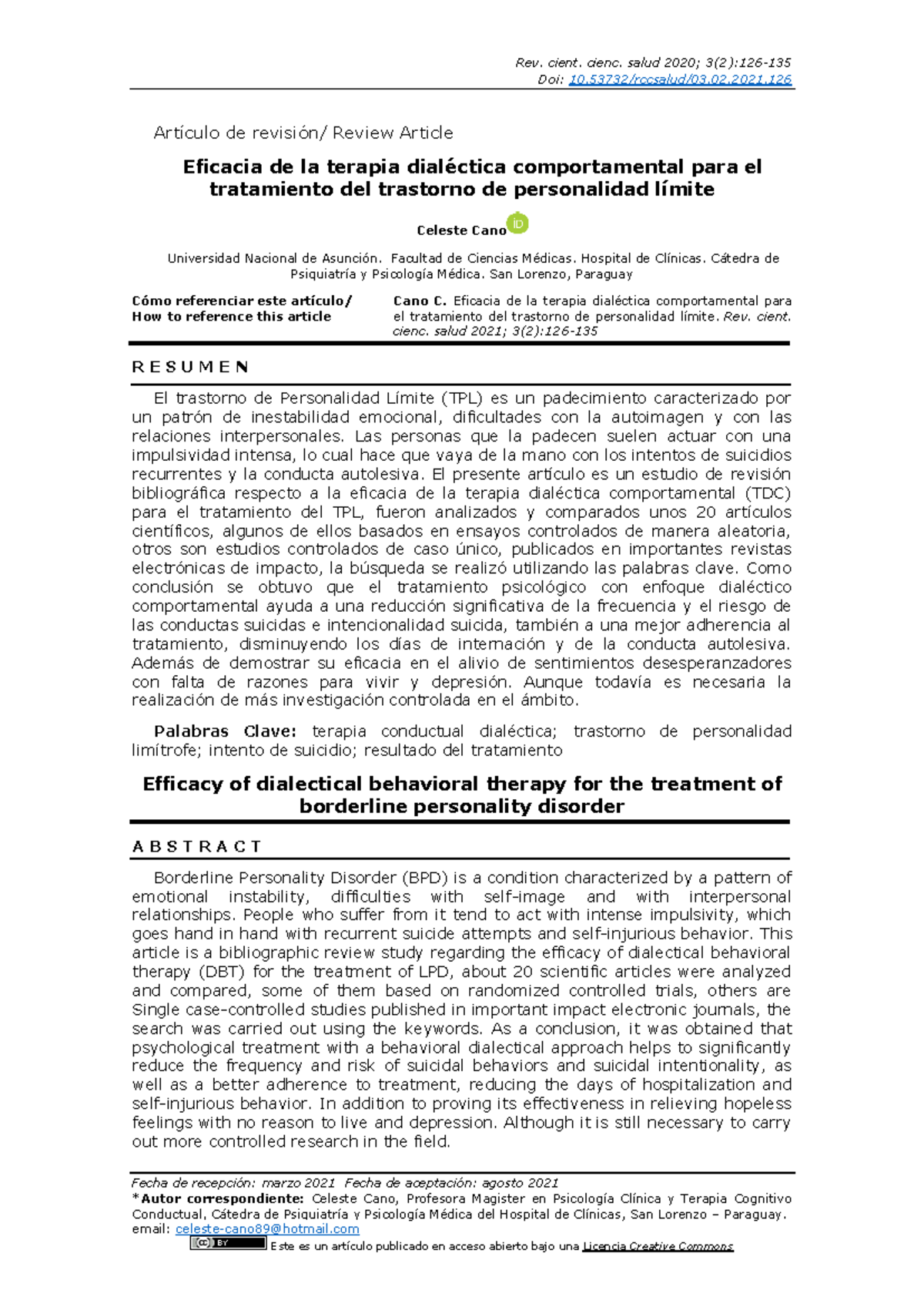 Eficacia de la TDC en el Tratamiento del TPL - Rev. Cient. Cienc. Salud ...