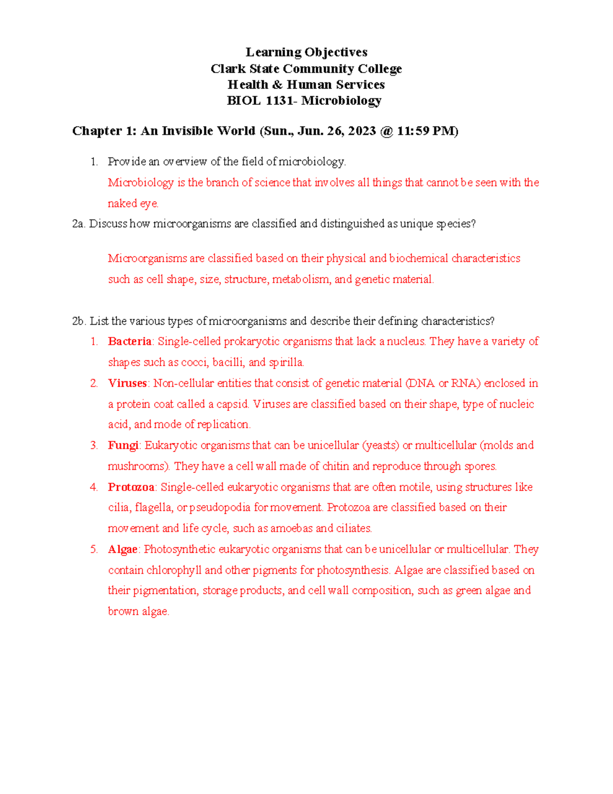 BIOL 1131 Chapter 1 Learning Objectives: Understanding Microbiology ...