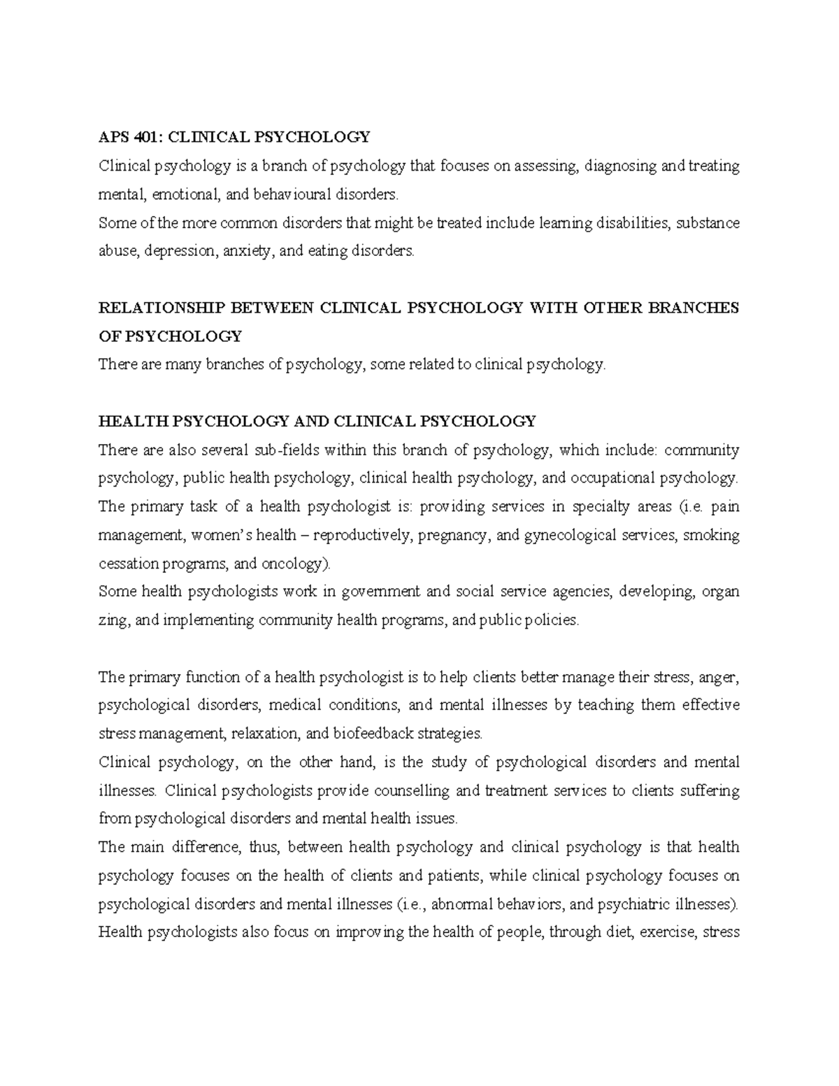 APS 401: Clinical Psychology - Comprehensive Study Notes - Studocu