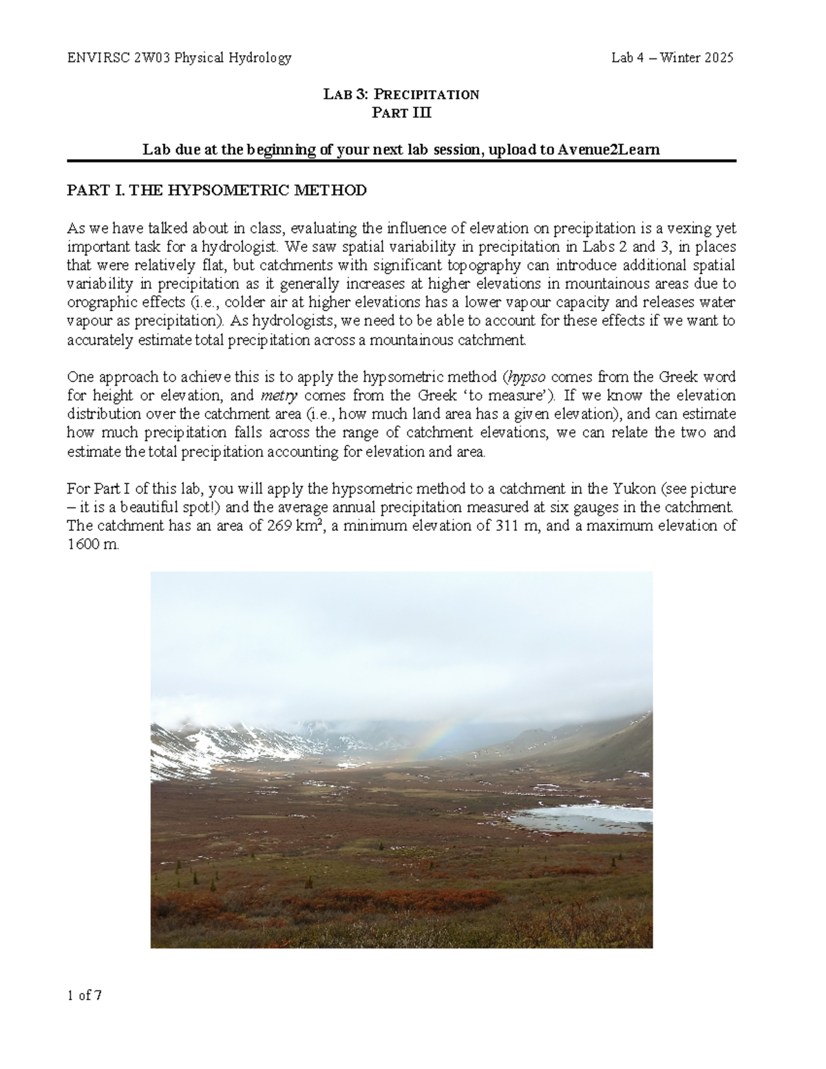 ENVIRSC 2W03 Physical Hydrology Lab 4: Precipitation Analysis Winter ...