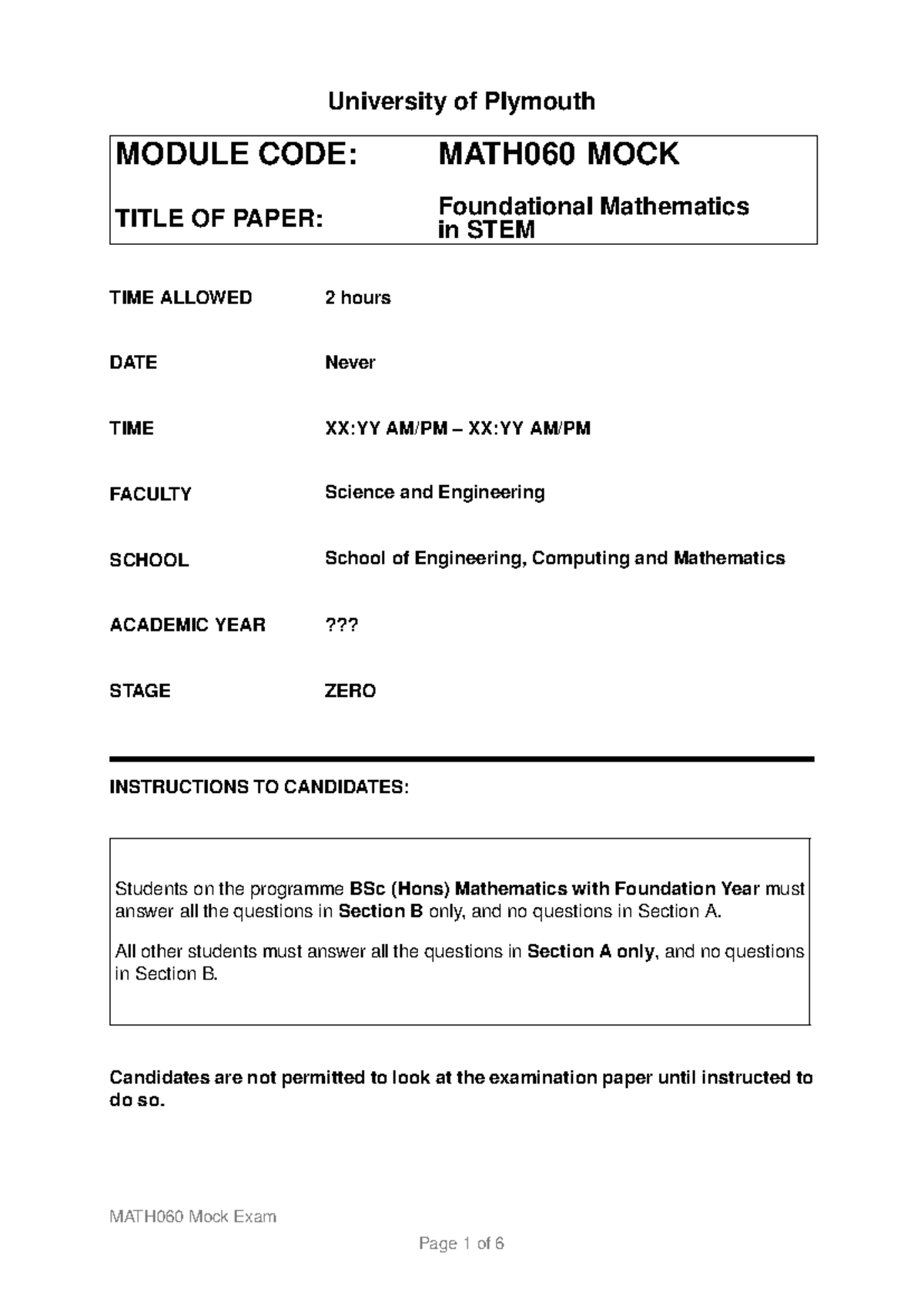 MATH060 Mock Exam: Foundational Mathematics in STEM - Studocu