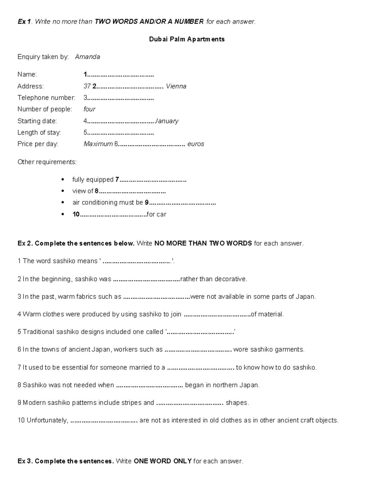 Handout-Lesson-4 - Bài tập tiếng anh - Ex 1. Write no more than TWO WORDS AND/OR A NUMBER for ...
