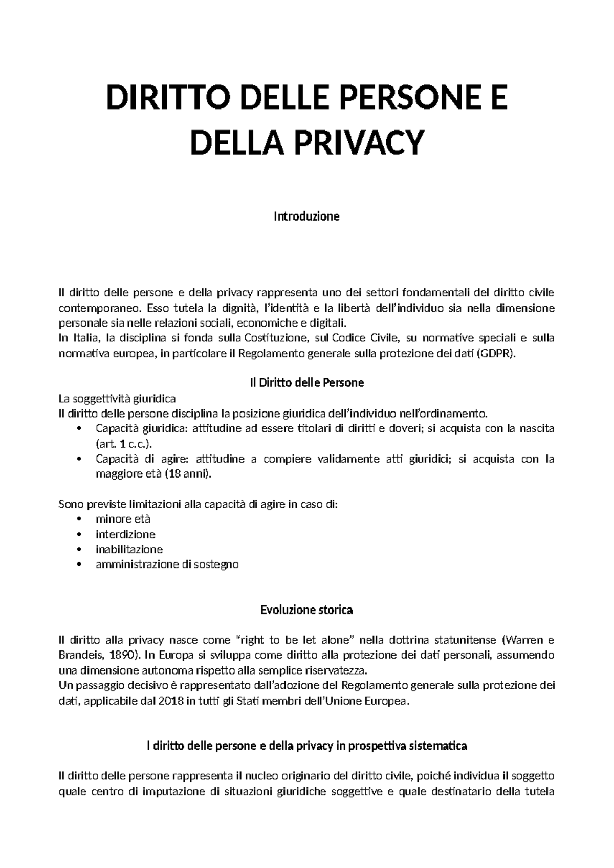 DIRITTO DELLE PERSONE E DELLA PRIVACY: Introduzione e Evoluzione - Studocu