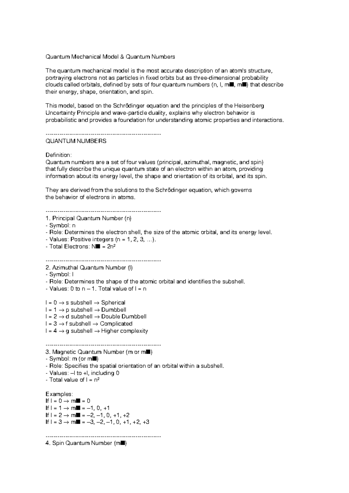 Quantum Mechanical Model: Understanding Quantum Numbers - Studocu