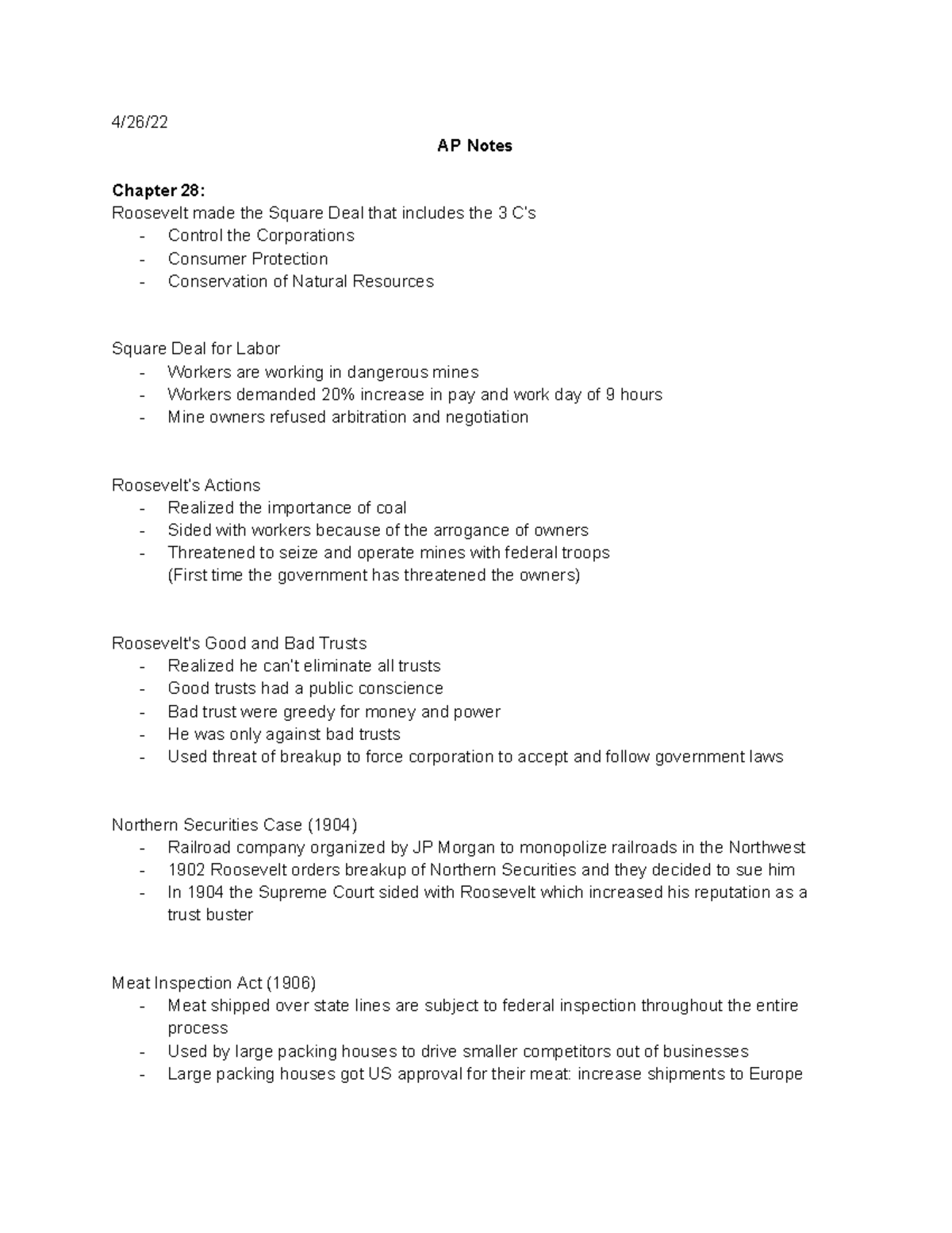 AP U.S. History - Detailed Chapter Notes on Roosevelt and the ...