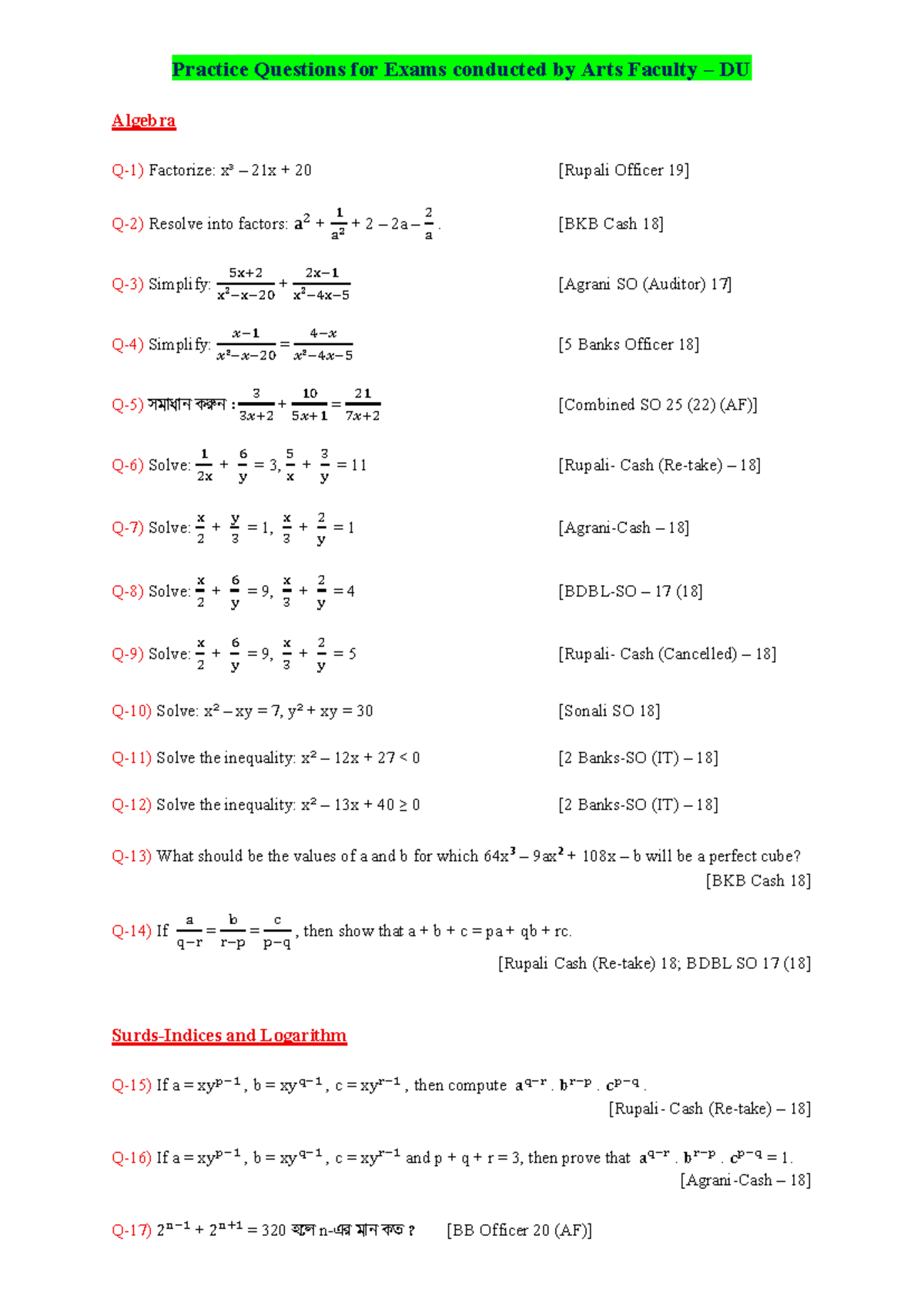 Algebra Practice Questions for Exams - Arts Faculty DU - Studocu