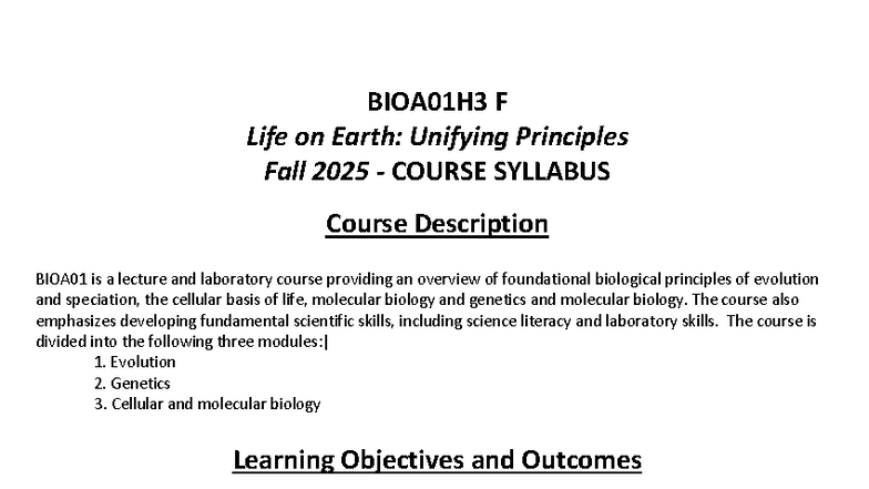 BIOA01H3 F Fall 2025 Course Syllabus: Life on Earth Principles - Studocu