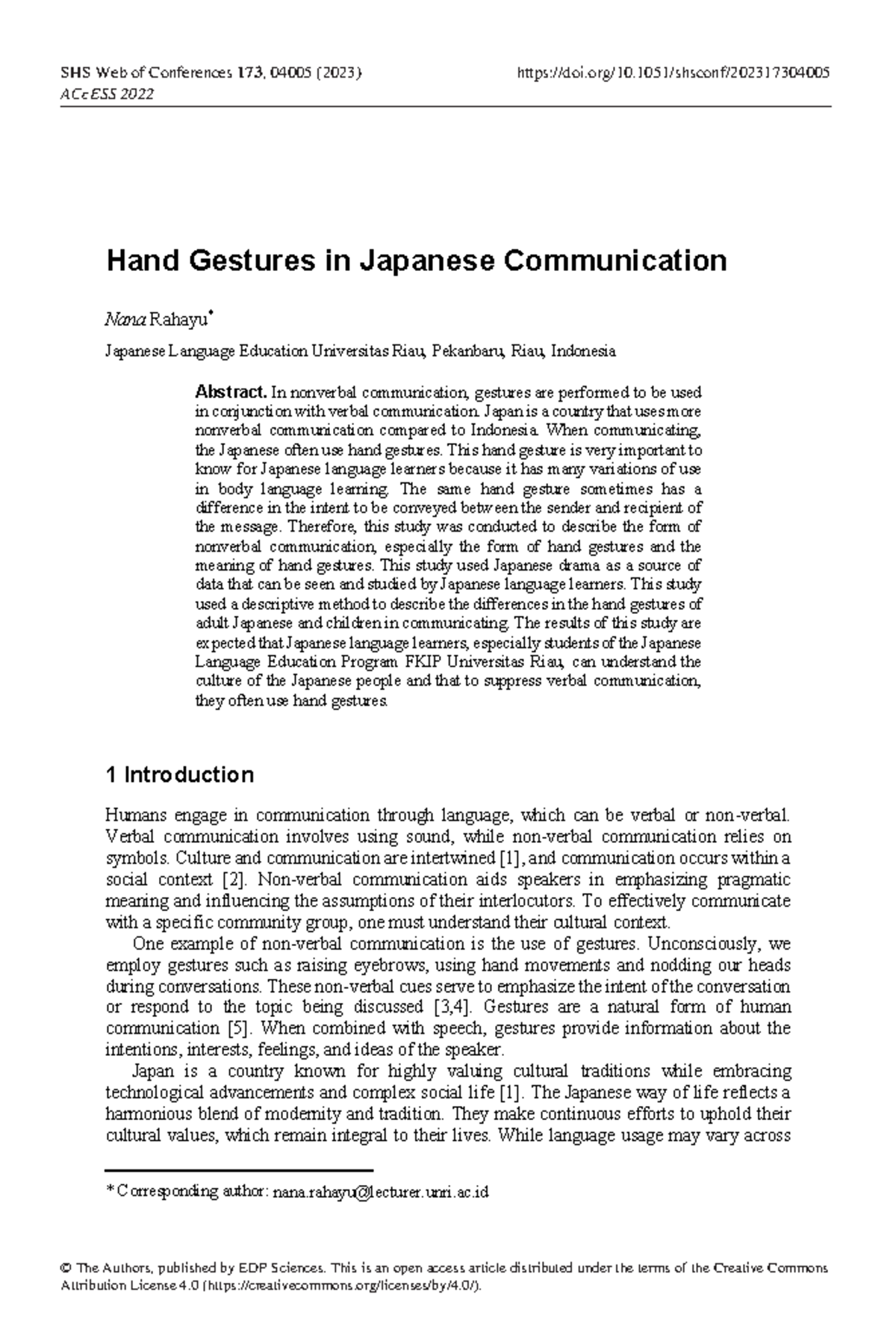 Hand Gestures in Japanese Communication: Insights from ACcESS 2022 ...