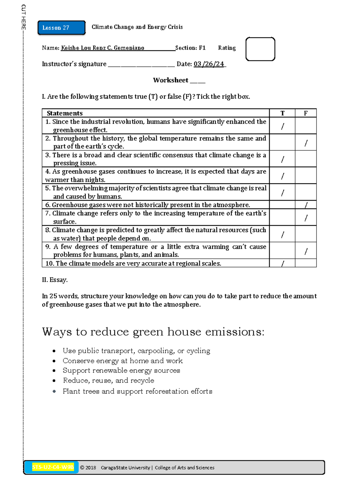 Worksheet 9 Climate Change - Lesson 27 Climate Change and Energy Crisis ...