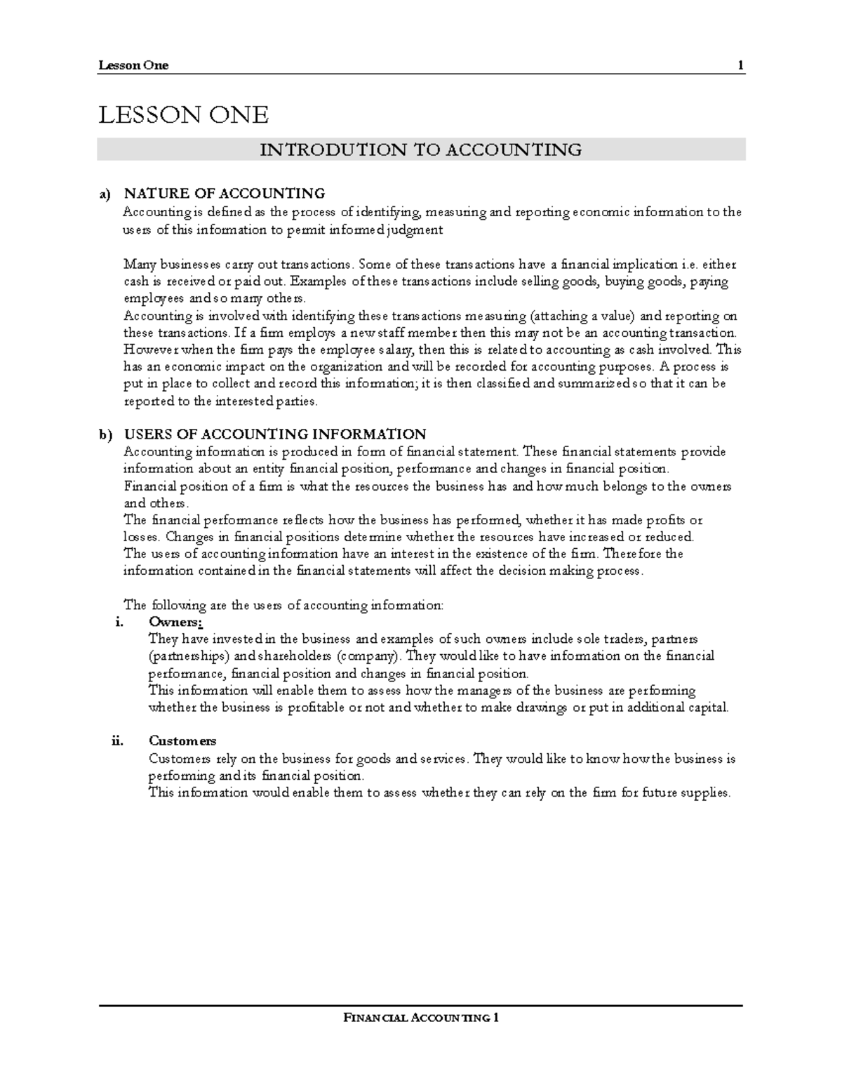 ACC101: Lesson One - Introduction to Accounting Concepts and Users ...