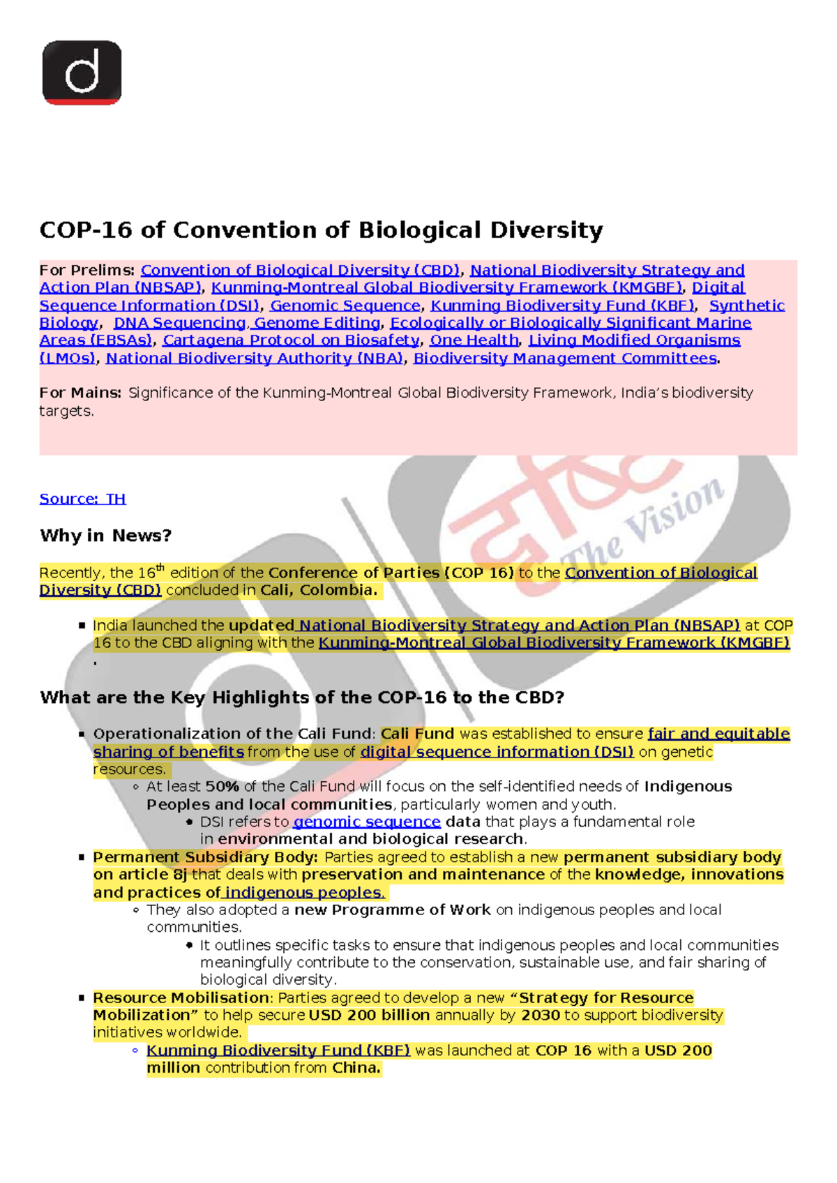 COP-16 Highlights: Advancements in Global Biodiversity Framework - Studocu