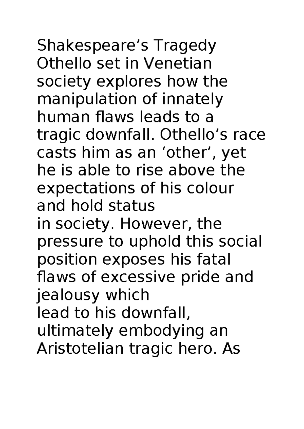 Shakespeare's Othello: Analyzing Tragic Flaws in Venetian Society - Studocu