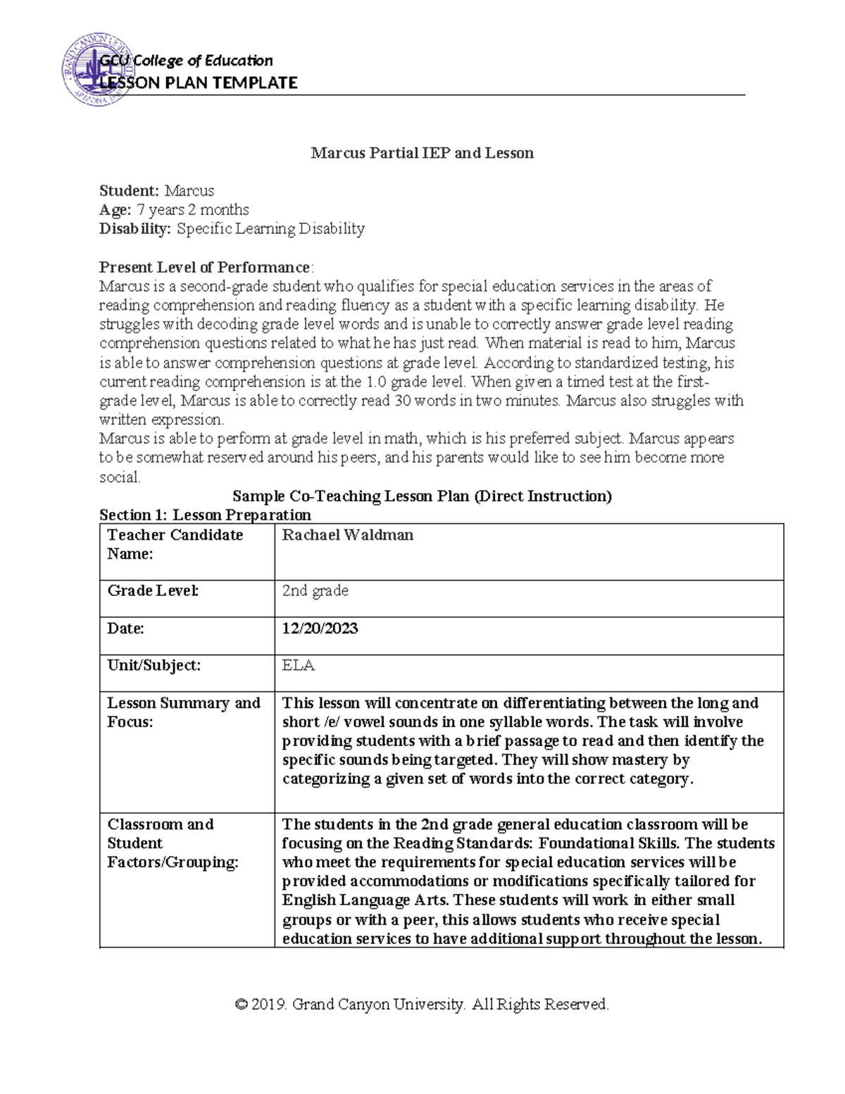 IEP Modification: 2nd Grade ELA Lesson Plan for Marcus - Studocu