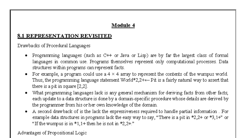 AI Module 4 - Representation Revisited: Procedural Languages & Logic - Studocu