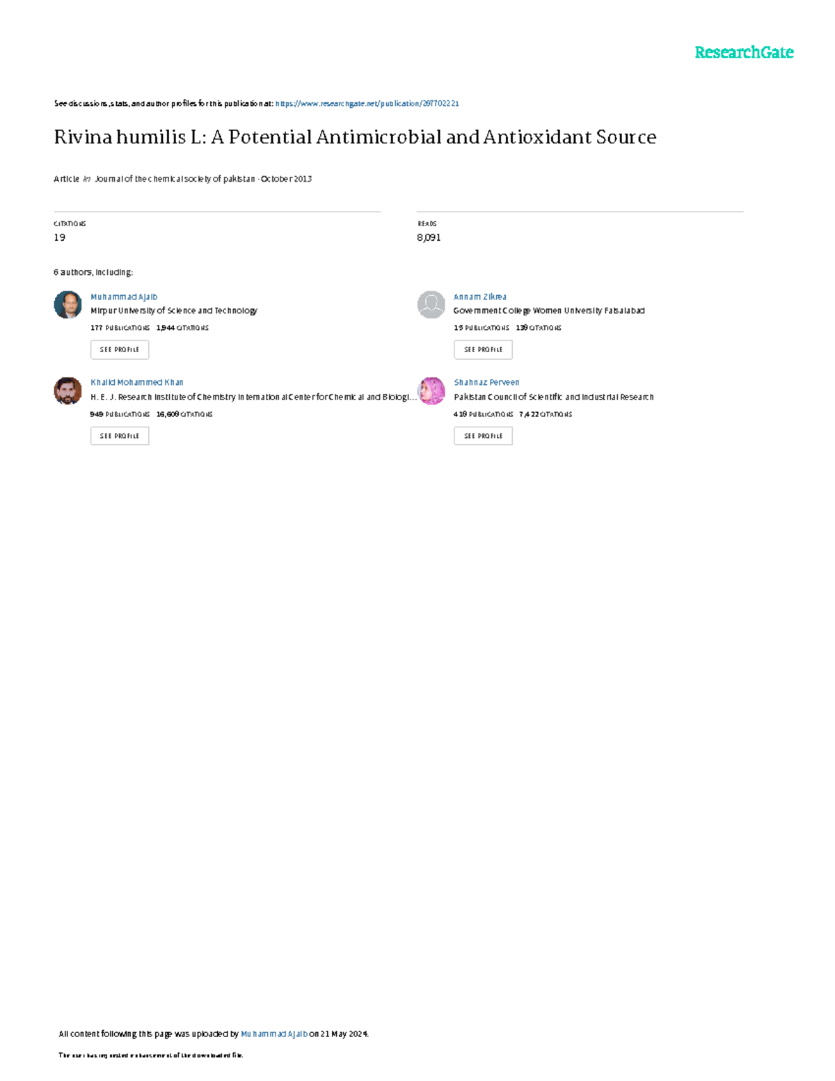 Rivina humilis L: Antimicrobial & Antioxidant Potential (J.Chem.Soc.Pak ...