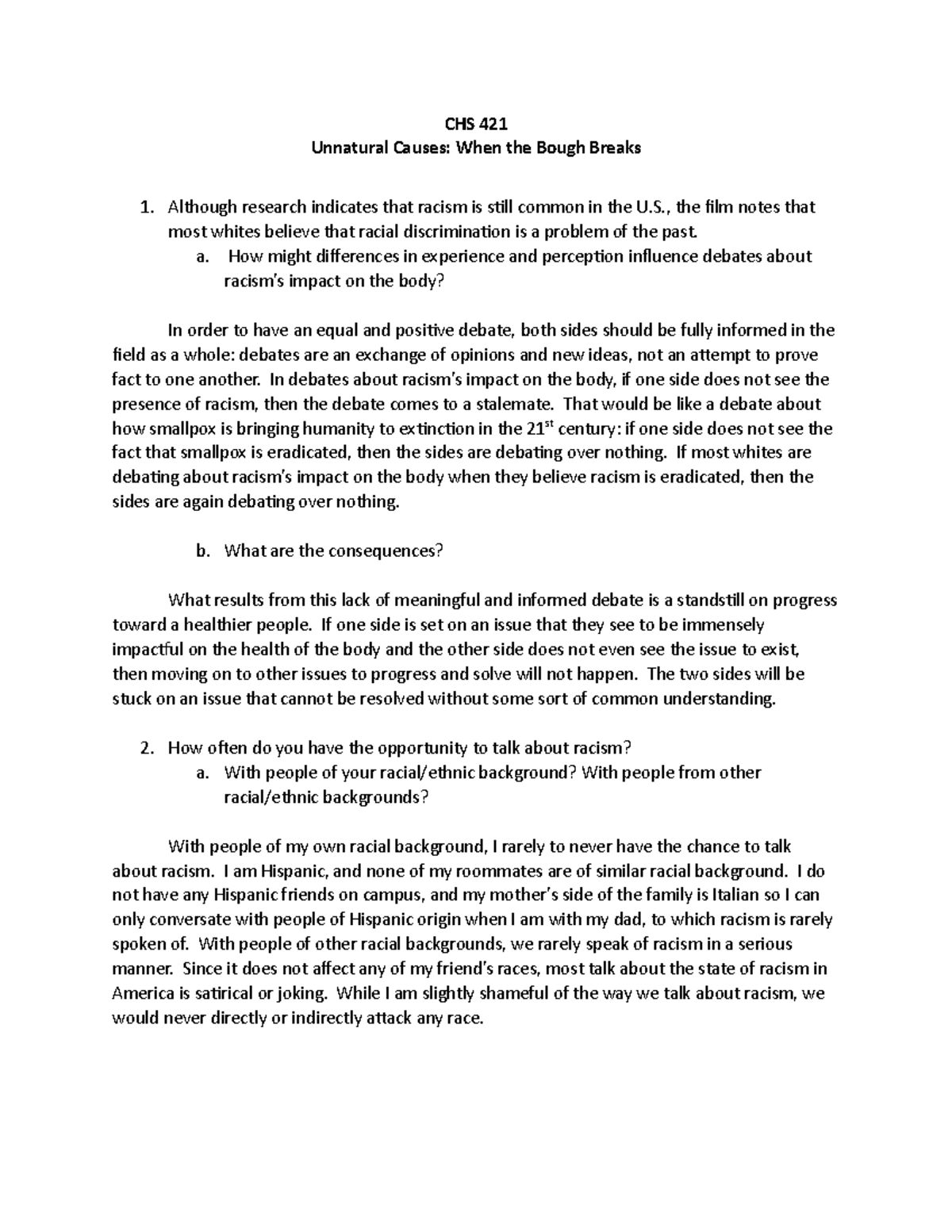 Unnatural Causes When The Bough Breaks Activity - CHS 421 Unnatural ...