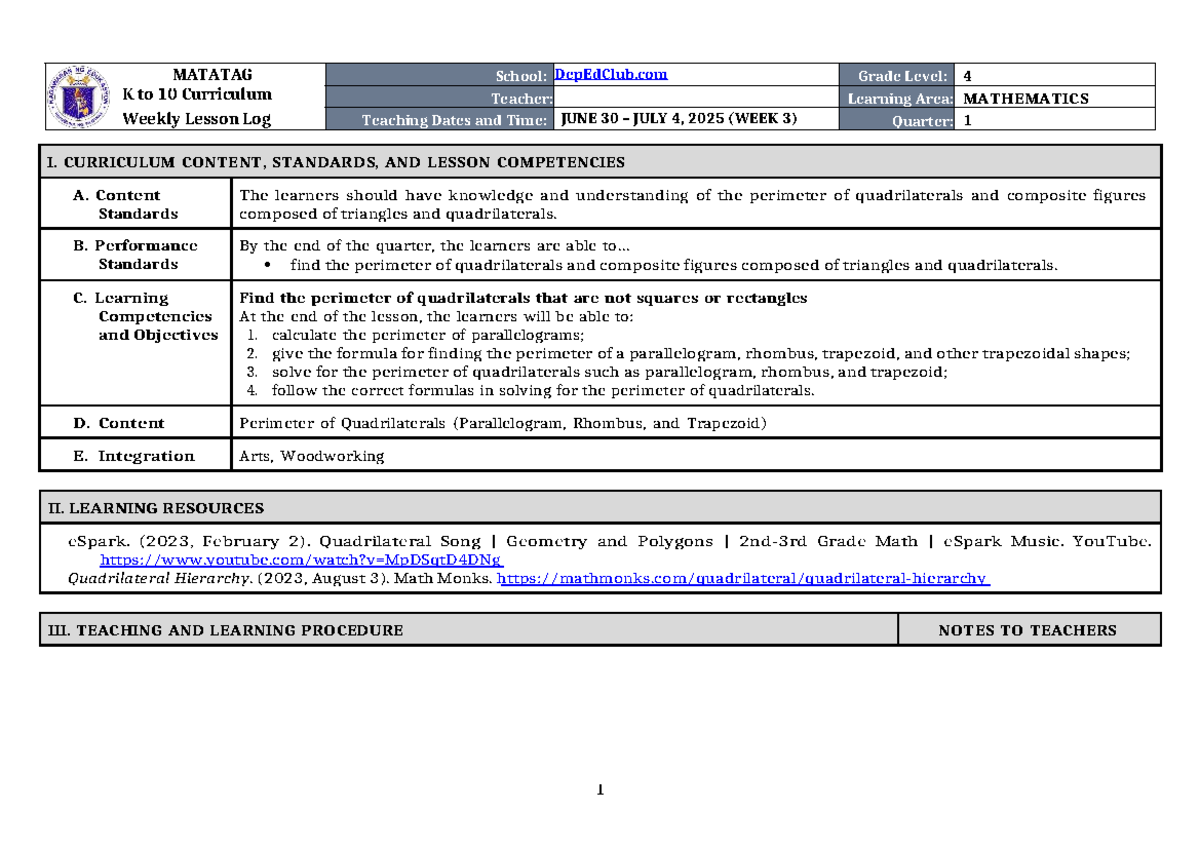DLL Matatag MATH 4 Q1 W3: Perimeter of Quadrilaterals Lesson Plan - Studocu