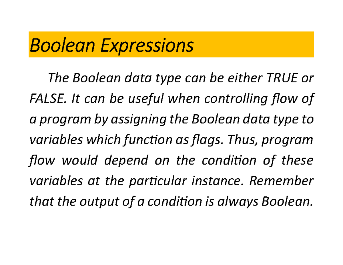 16-Boolean Expressions: Understanding Boolean Data Types and Flow - Studocu