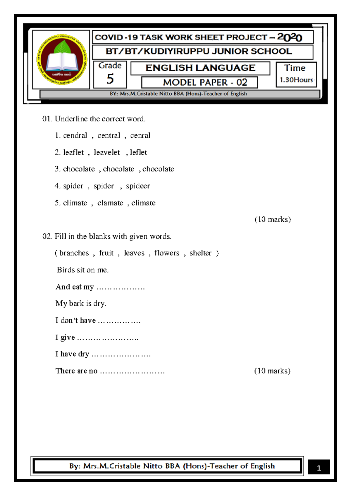 LE Grade 5 English - good - Underline the correct word. cendral ...
