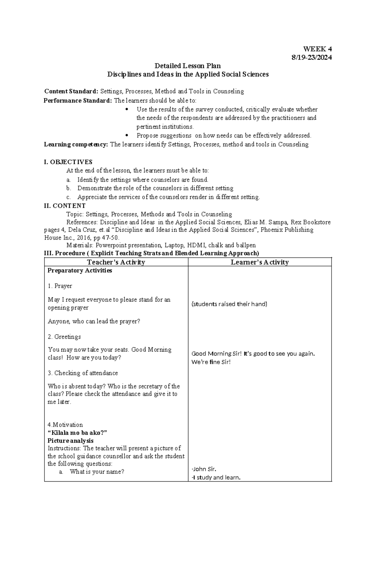 Detailed Lesson Plan: Week 4 - Counseling Framework and Methods - Studocu