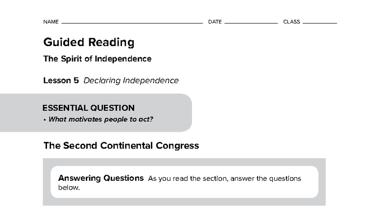 Guided Reading: The Spirit of Independence (Lesson 5) - Studocu