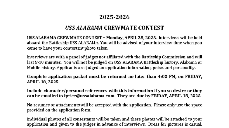 USS ALABAMA CREWMATE CONTEST APPLICATION PACKET 2025-2026 - Studocu