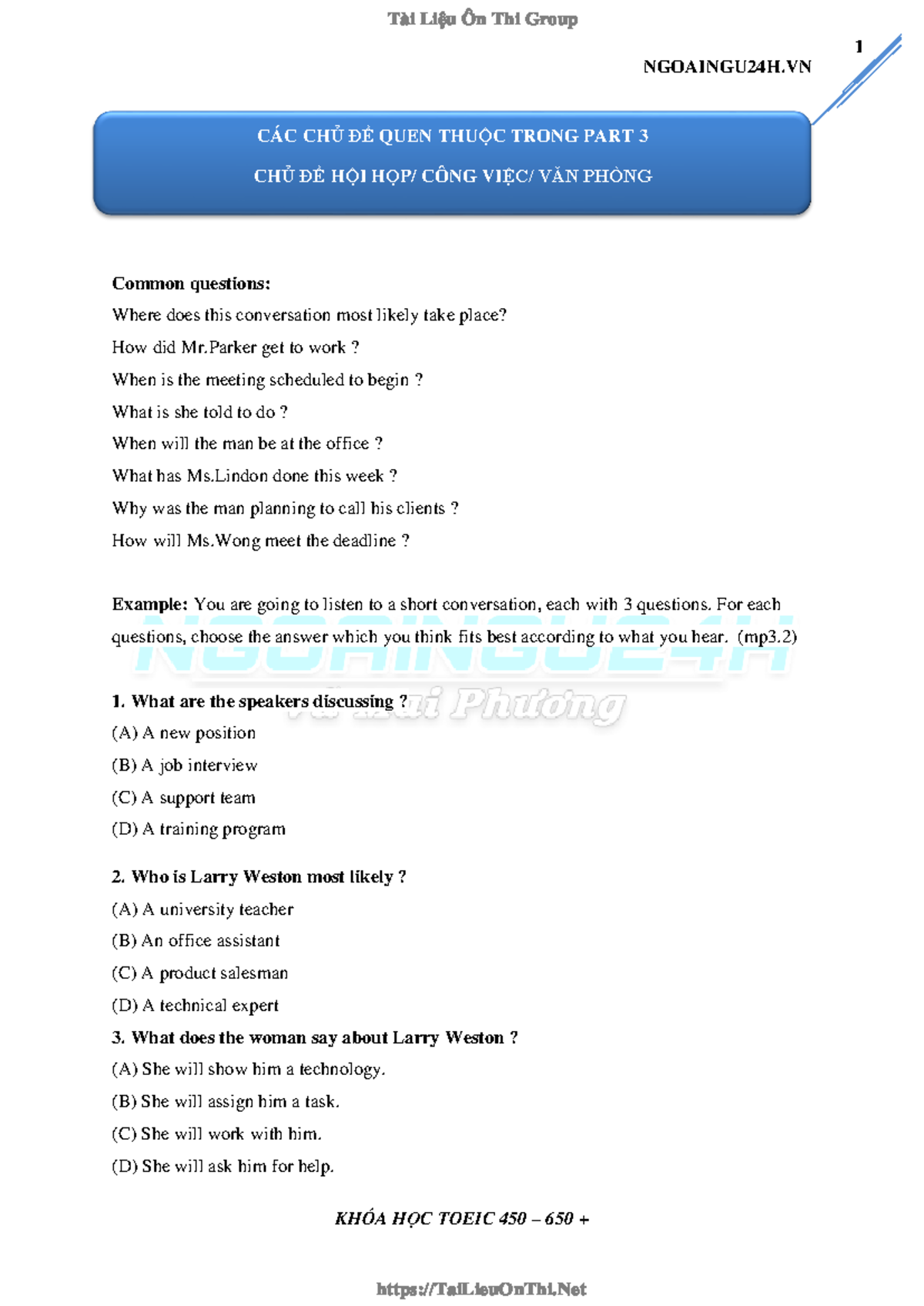 Tài Liệu Ôn Thi TOEIC 450-650: Các Chủ Đề Quen Thuộc Part 3 - Studocu