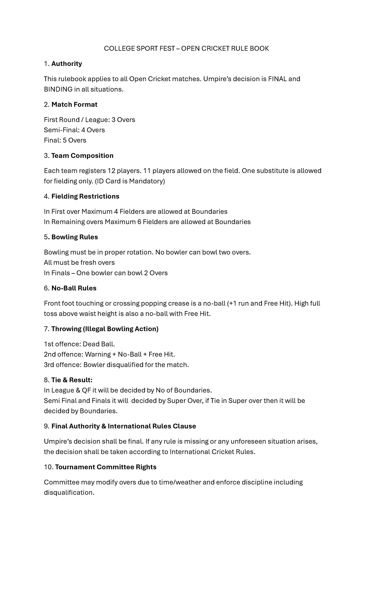 COLLEGE SPORT FEST: OPEN CRICKET RULE BOOK - Studocu