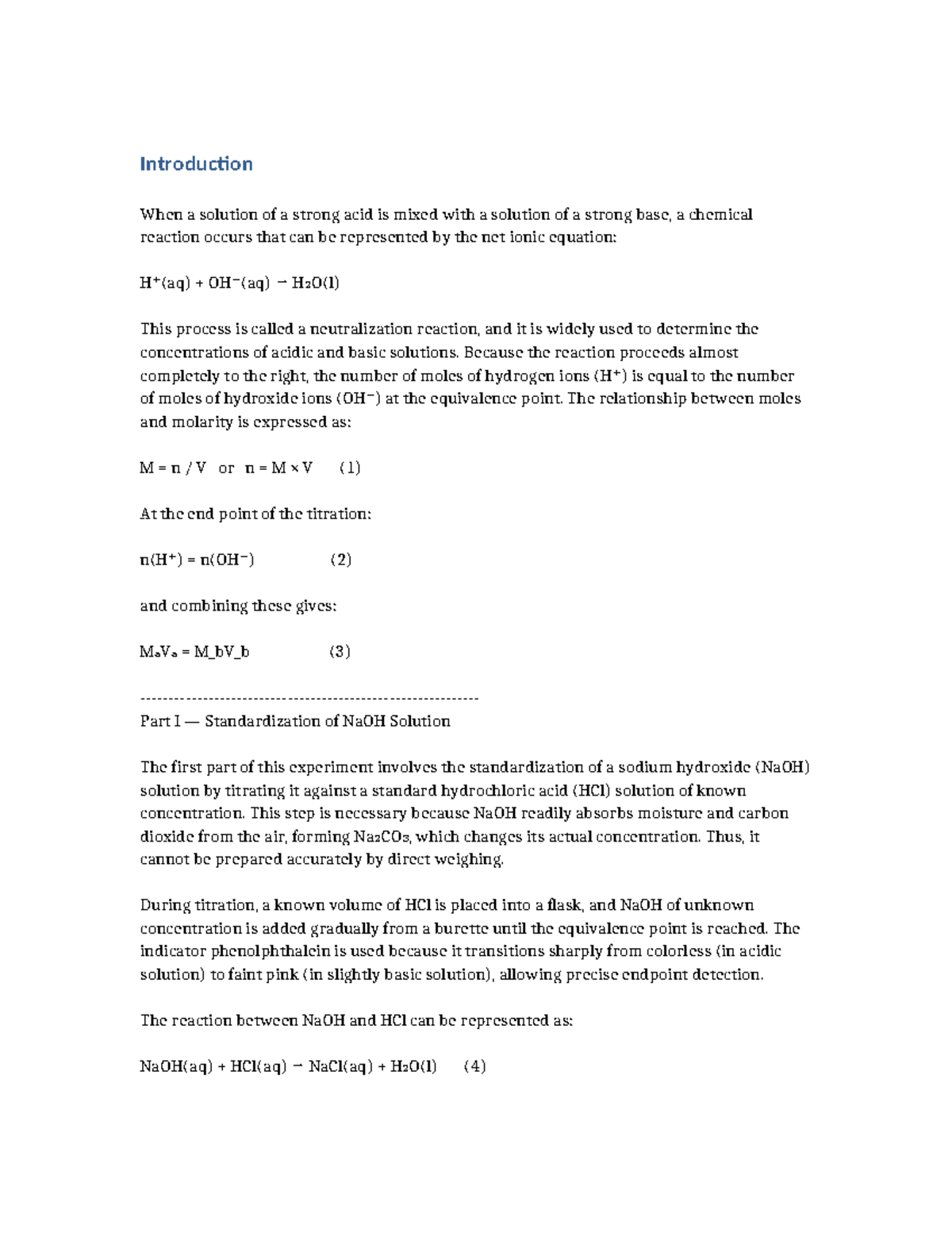 Acid-Base Titration Introduction: Standardization of NaOH Solution ...