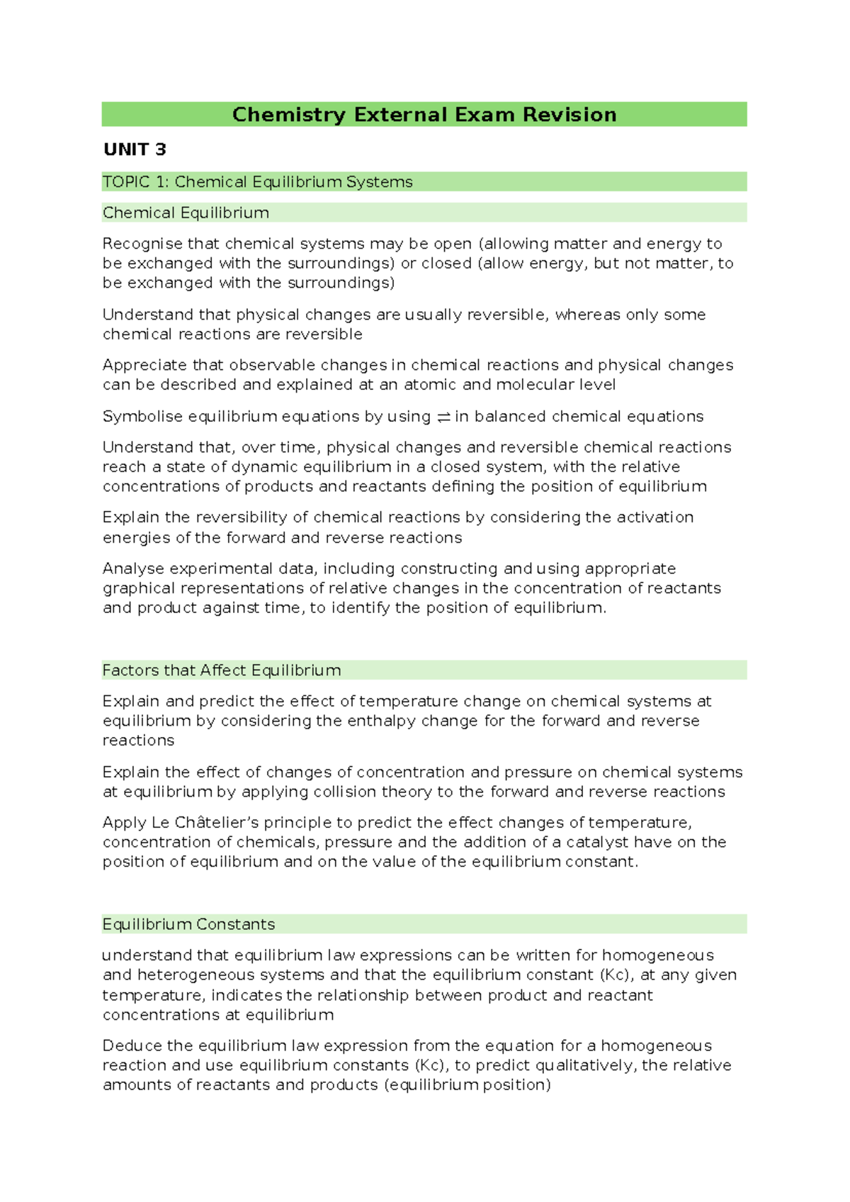 Chemistry External Exam Revision: Unit 3 & 4 Overview on Equilibrium ...