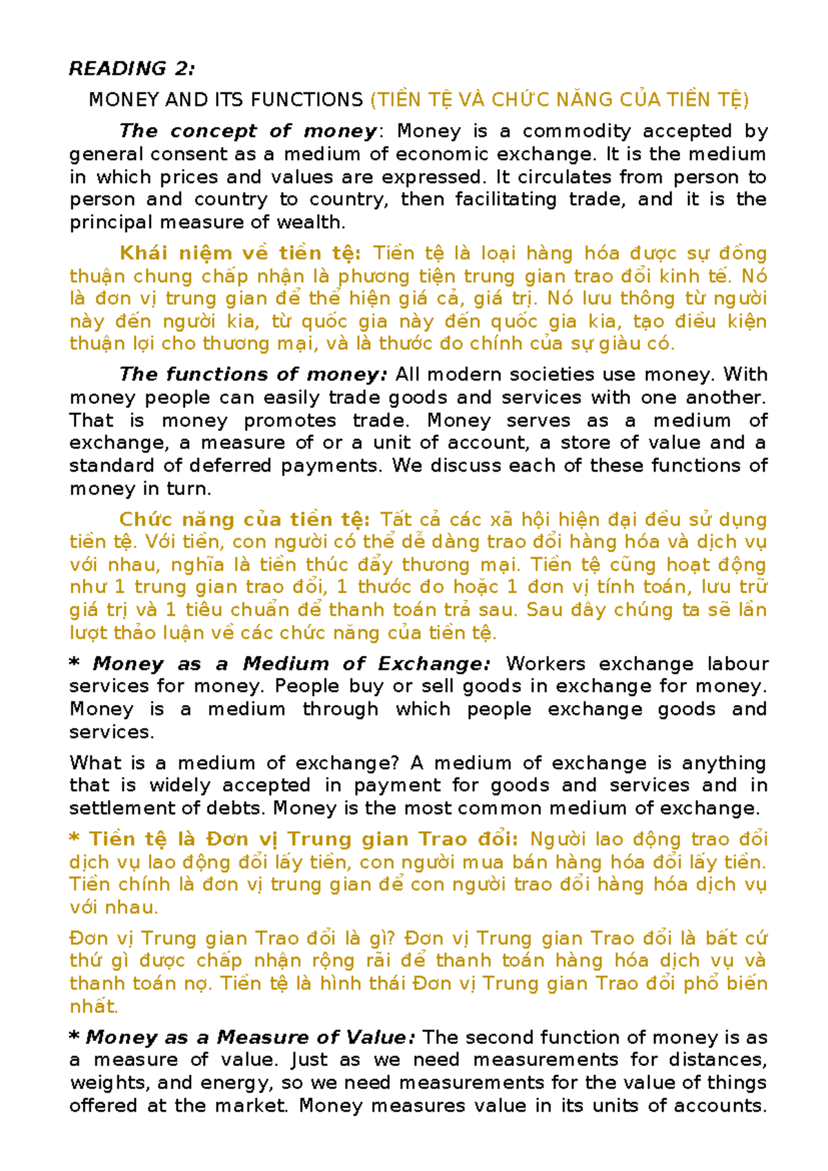 Unit 6: Reading 2 - Money and Its Functions (Tiền Tệ và Chức Năng ...