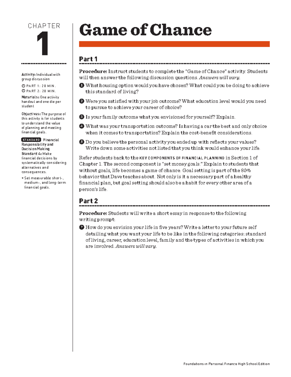 Foundations in Personal Finance: Game of Chance Activity (Chapter 1 ...